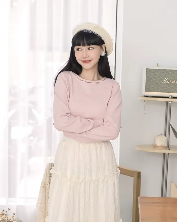 【POONE】鏤空領珍珠蝴蝶結設計針織上衣-粉｜屏東市｜Global Mall 環球Online