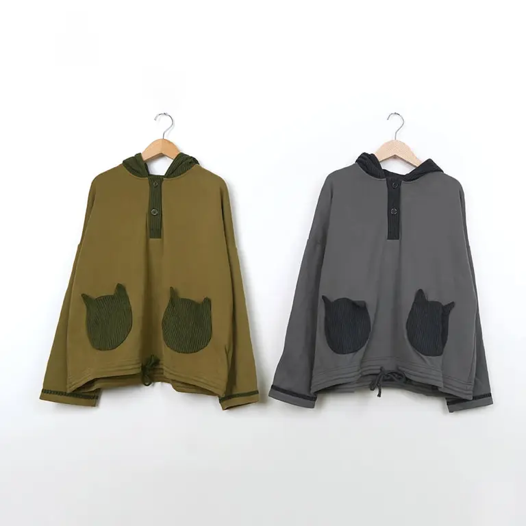 【Dailo】撞色拼接貓咪頭口袋後磅連帽長袖上衣 綠 灰 36002007｜新北中和｜Global Mall 環球Online